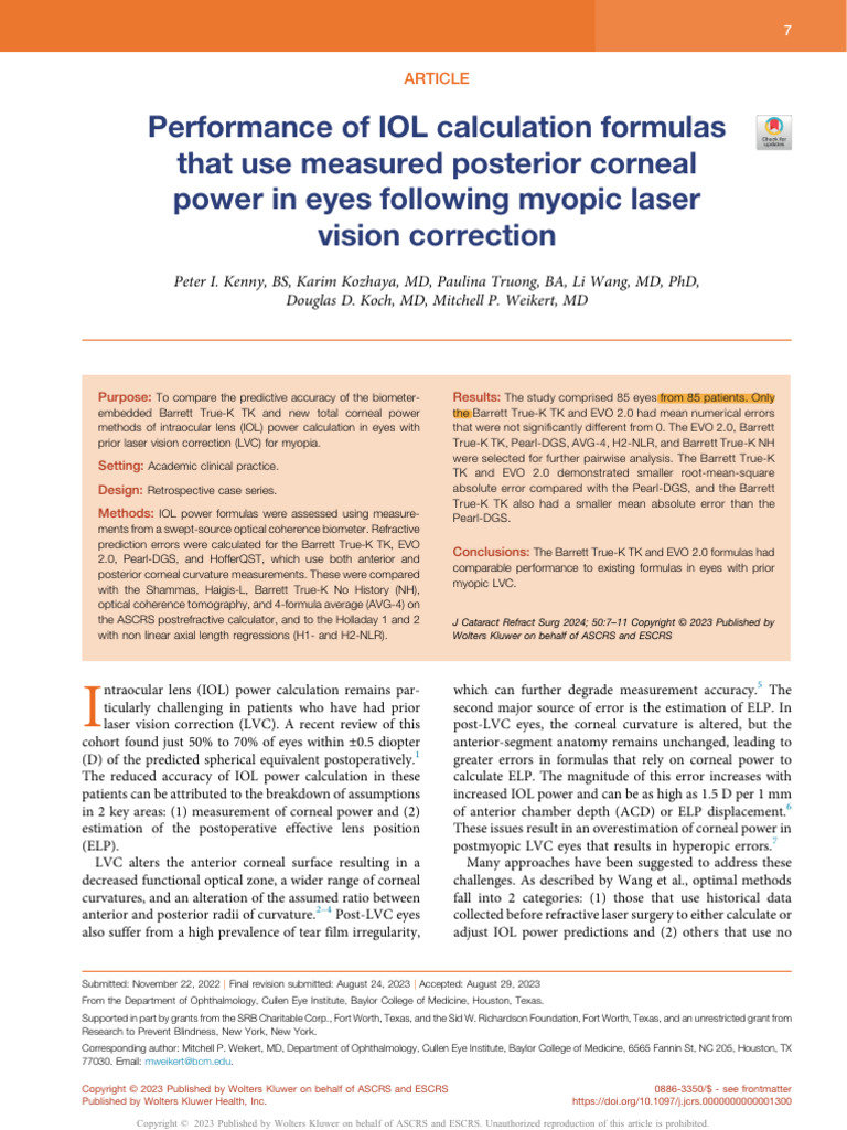 IOL Calculation Accuracy Post-LVC | PDF | Ophthalmology | Human Eye