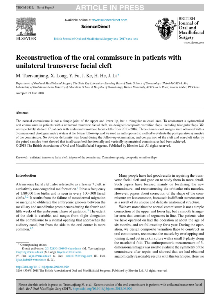 Reconstruction of The Oral Commissure in Patients With Unilateral ...