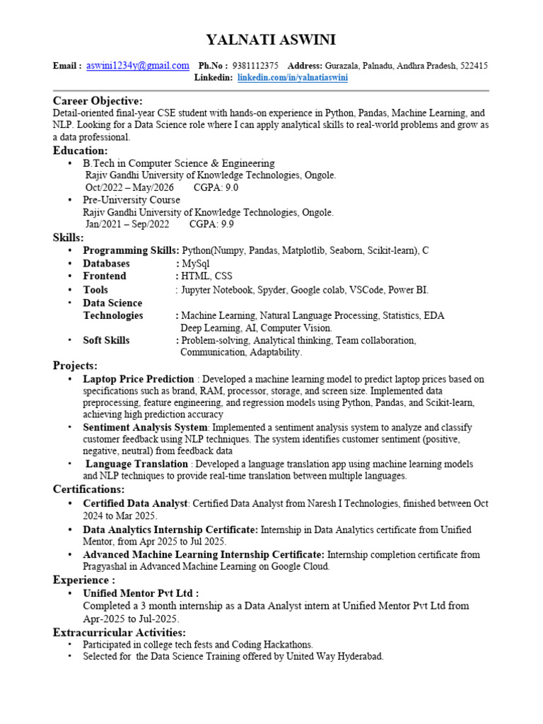 Data Science Resume of Yalnati Aswini | PDF | Machine Learning | Data ...