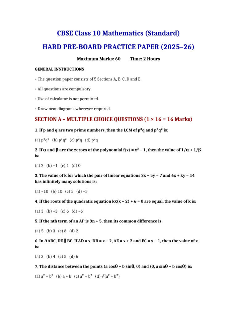 CBSE Class 10 Math Pre-Board Paper 2025-26 | PDF