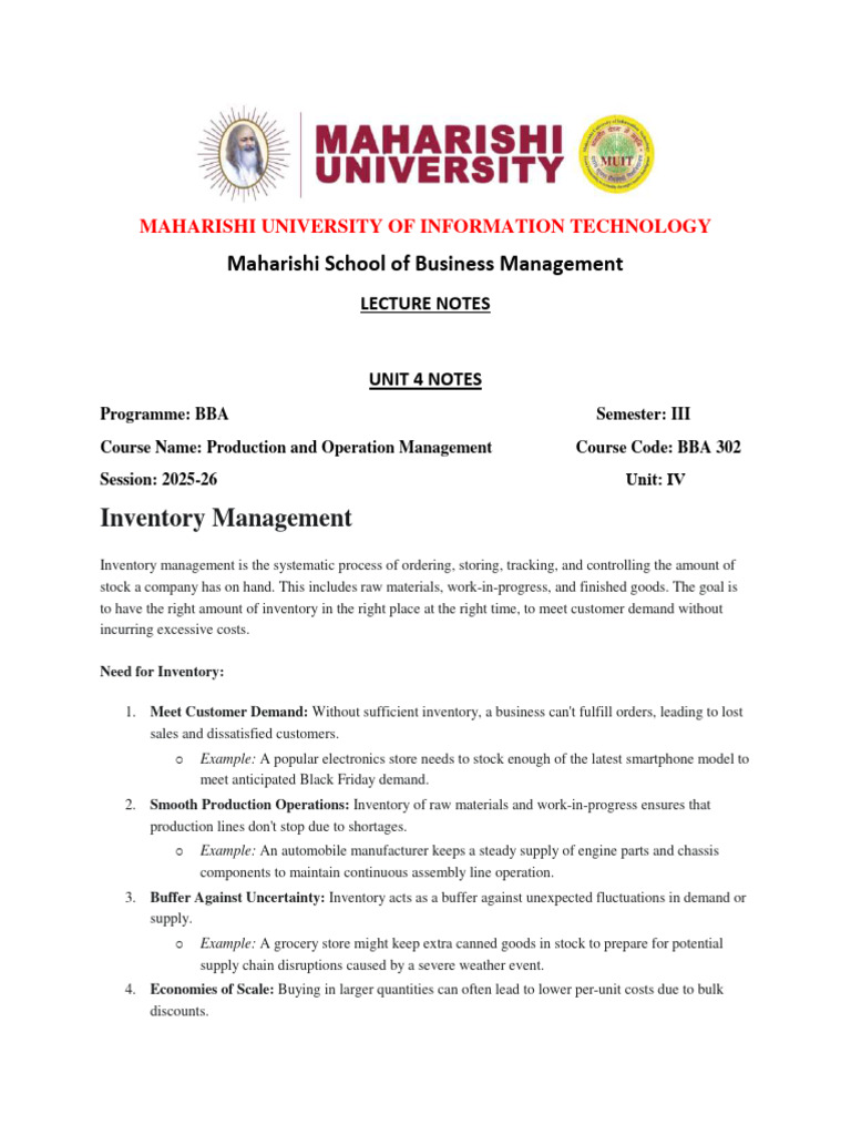 POM Unit 4 Lecture Notes | PDF | Inventory | Business