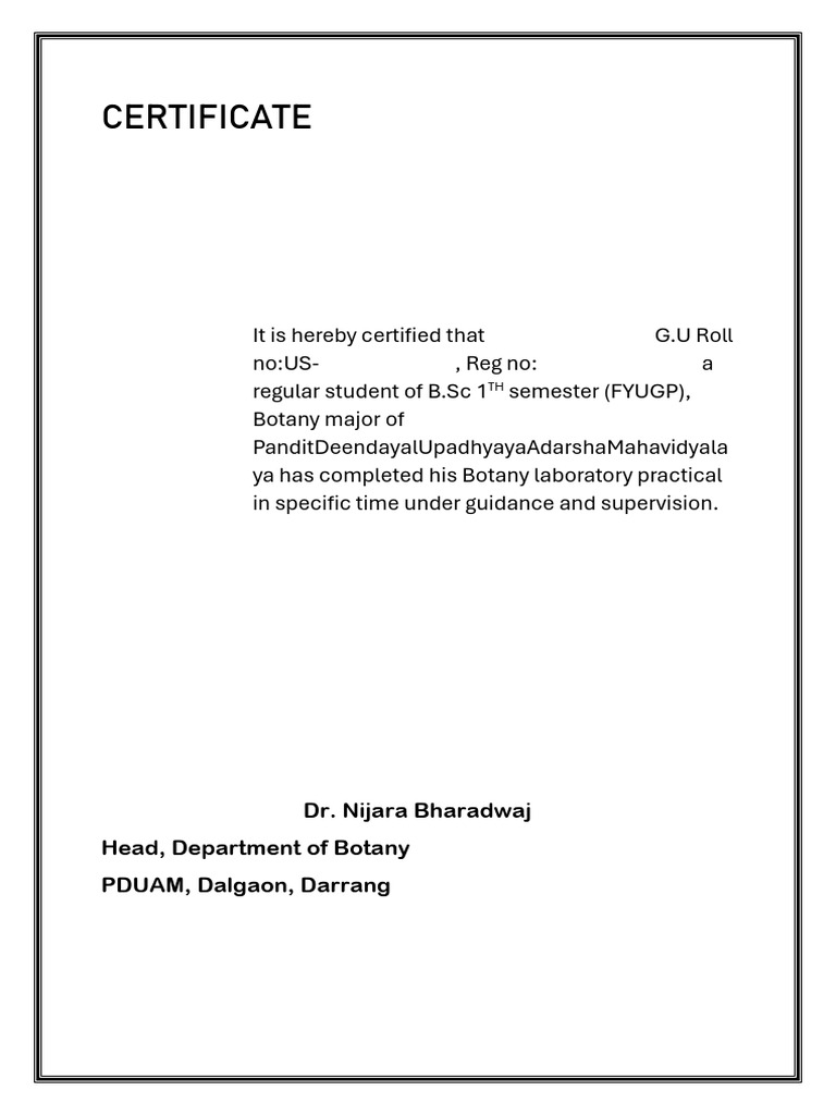 Botany Lab Practical Completion Certificate | PDF