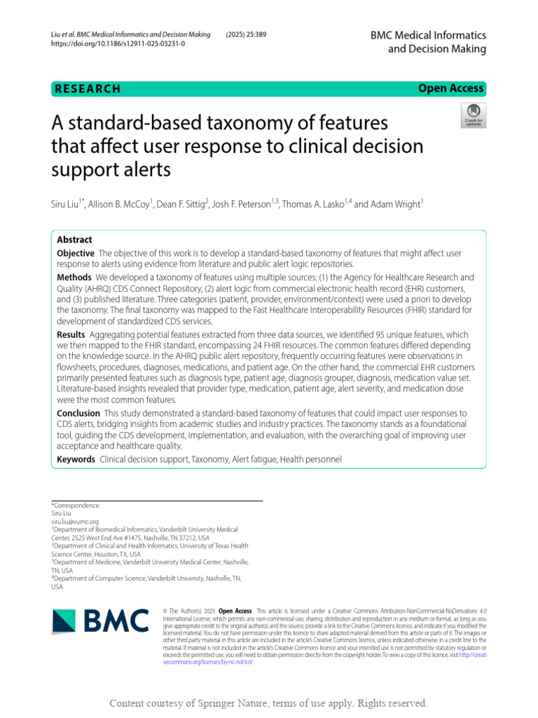 Taxonomy of Features for CDS Alerts | PDF | Electronic Health Record ...