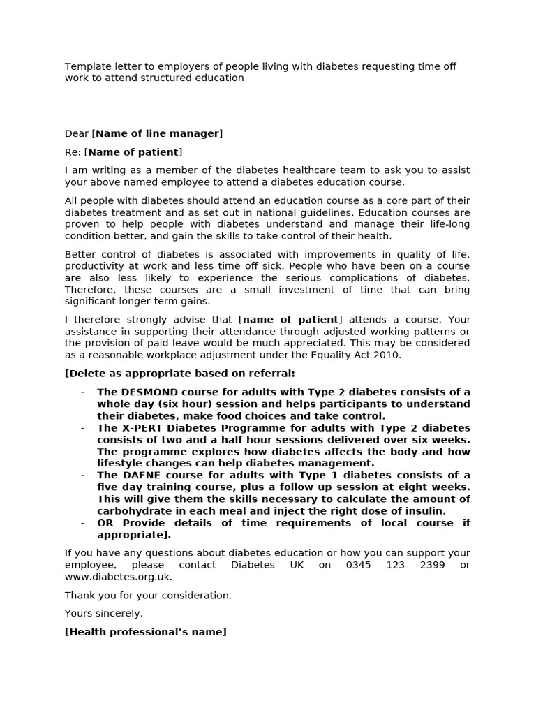 Diabetes Education and Work Letter | PDF
