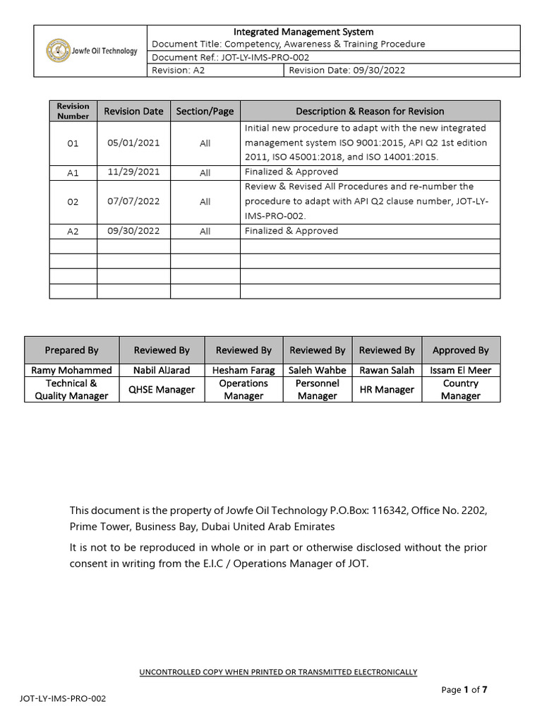 5.2.1 JOT-LY-IMS-PRO-002 Competency, Awareness - Training Procedure ...