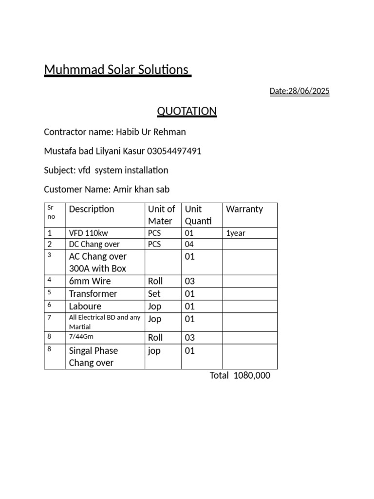 Muhmmad Solar Solutions: Quotation | PDF