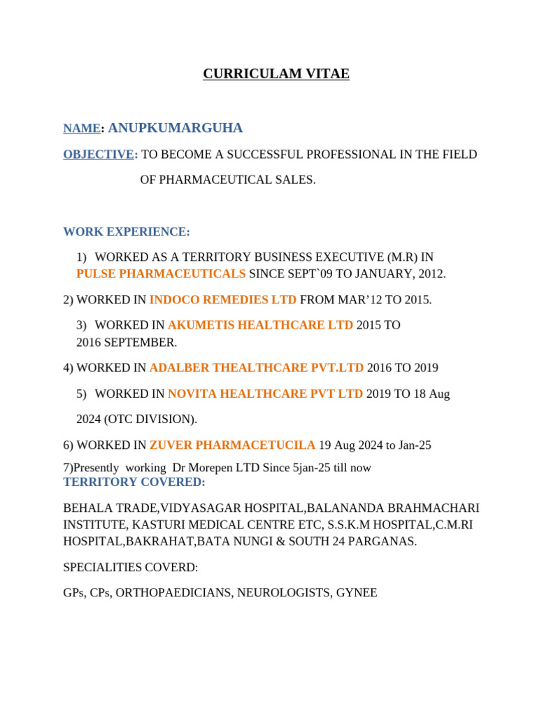 Anup Kumar Guha: Pharmaceutical Sales CV | PDF