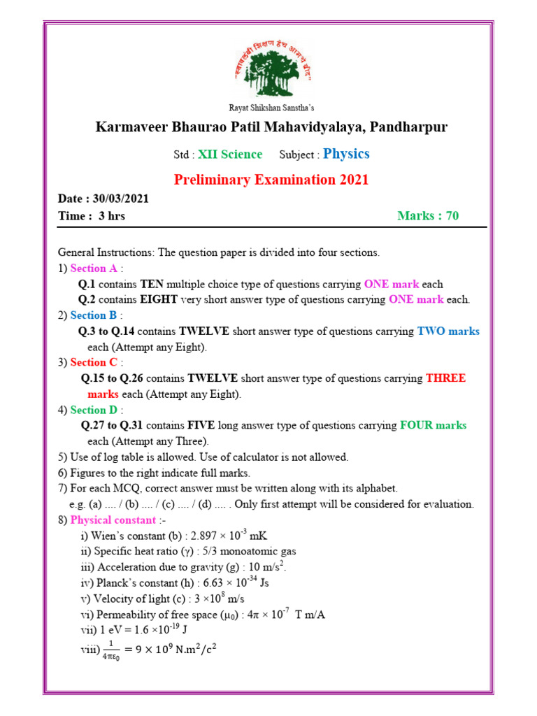 Physics XII Preliminary Exam 2021 | PDF | Electric Current | Physical ...