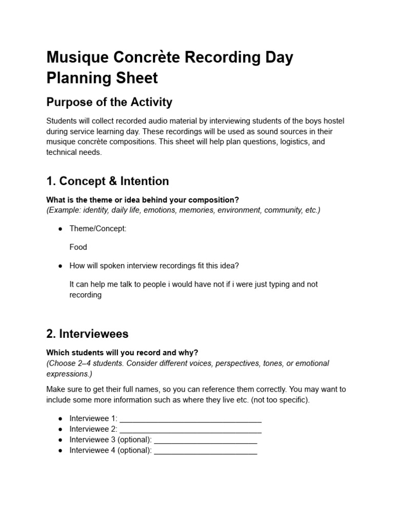 Musique Concrète Recording Day Planning Sheet | PDF | Human ...