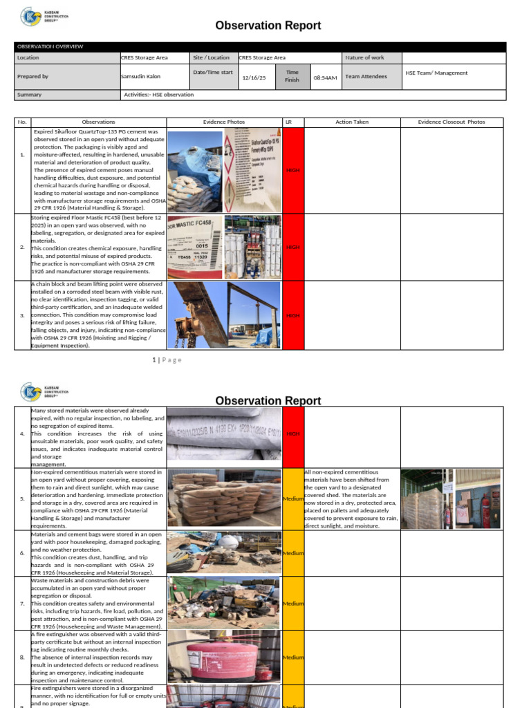 HSE Observation Report CRES Storage Area 121625 | PDF | Occupational ...