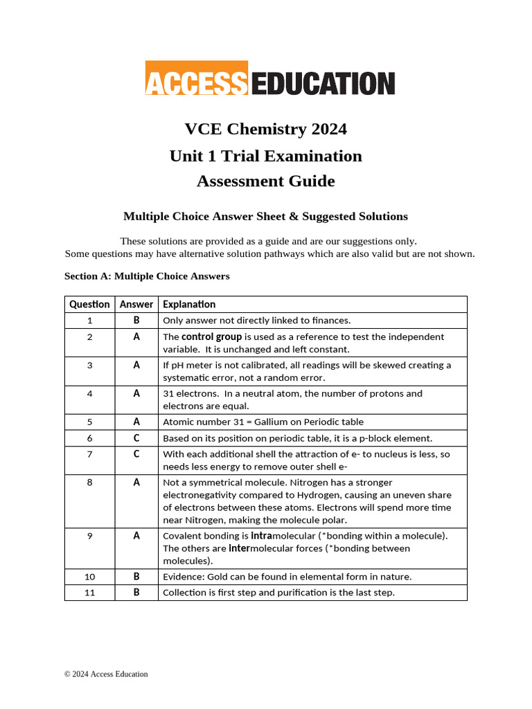 UNIT 1 Access Ed Chemistry Trial Exam 2024 - Solutions | PDF | Ion ...