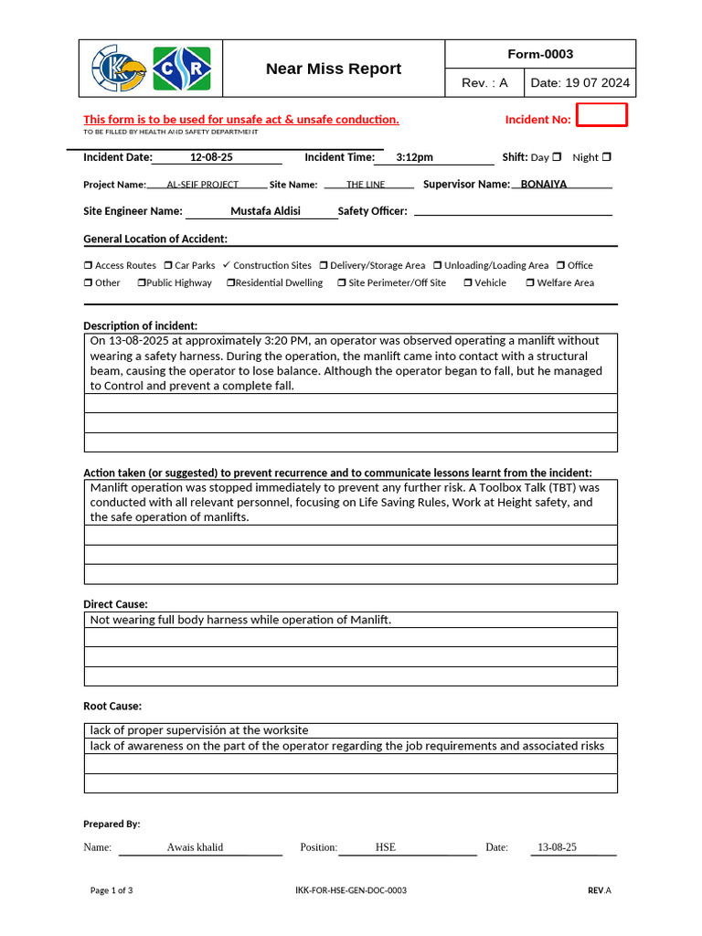 Form 0003 Near Miss Report | PDF | Safety