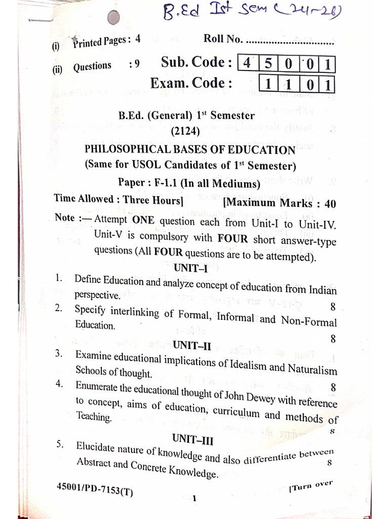 University Sample Papers Semester 1 | PDF