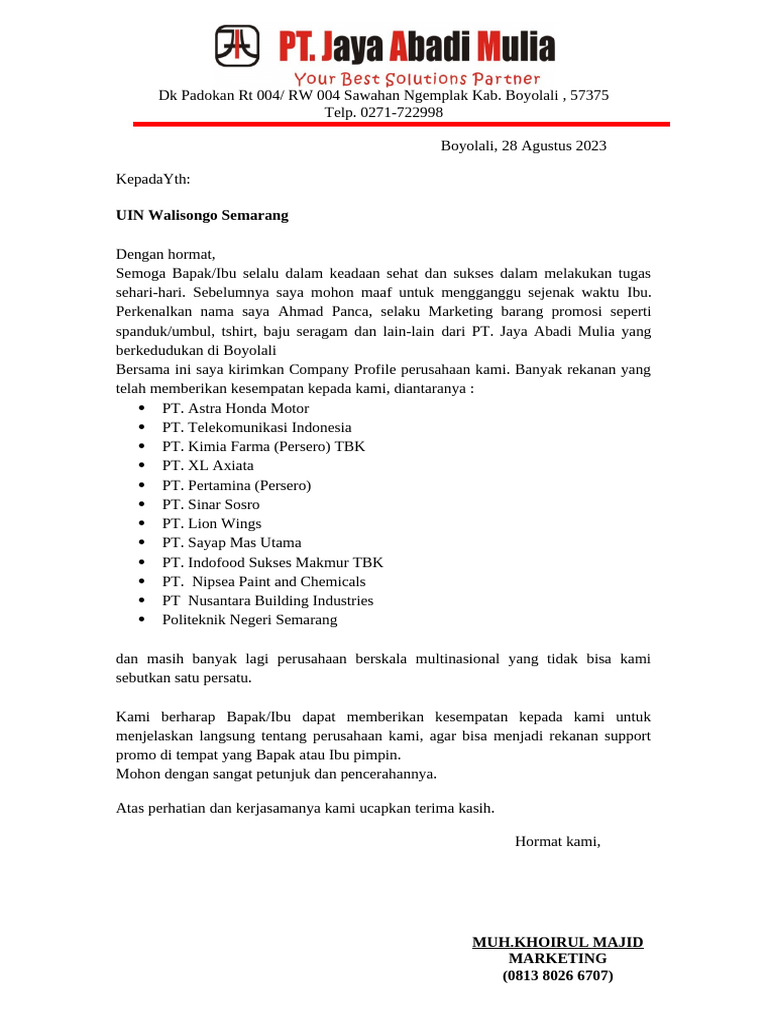 Company Profile PT. Jaya Abadi Mulia | PDF