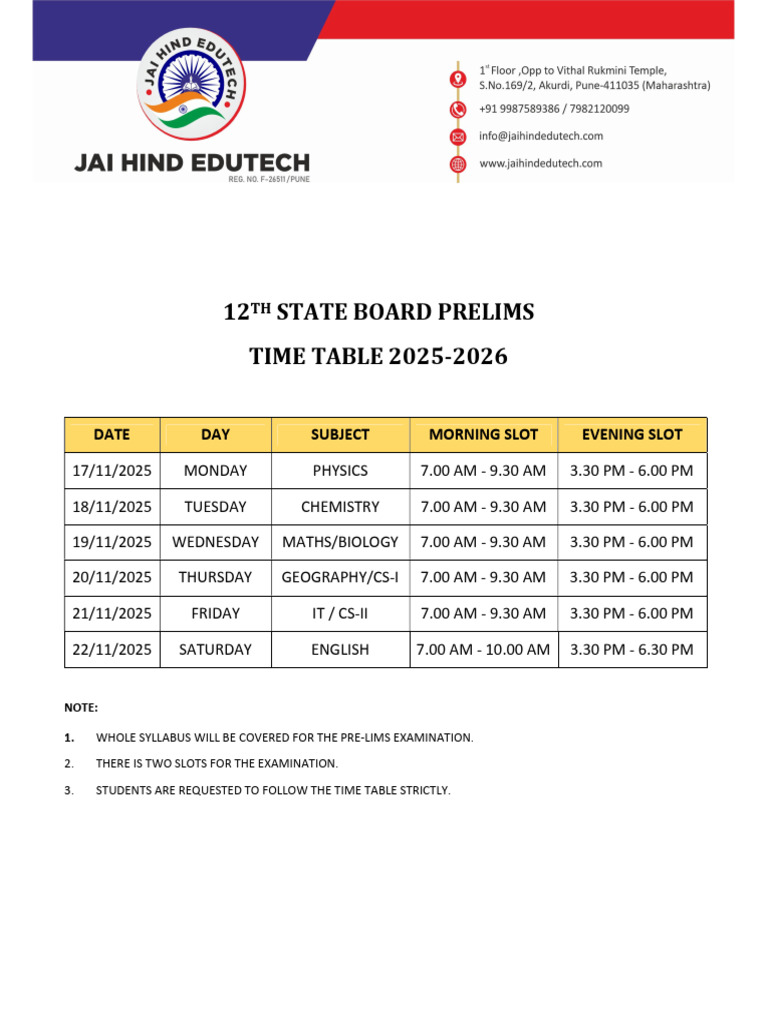 Time Table-Prelim Exam | PDF