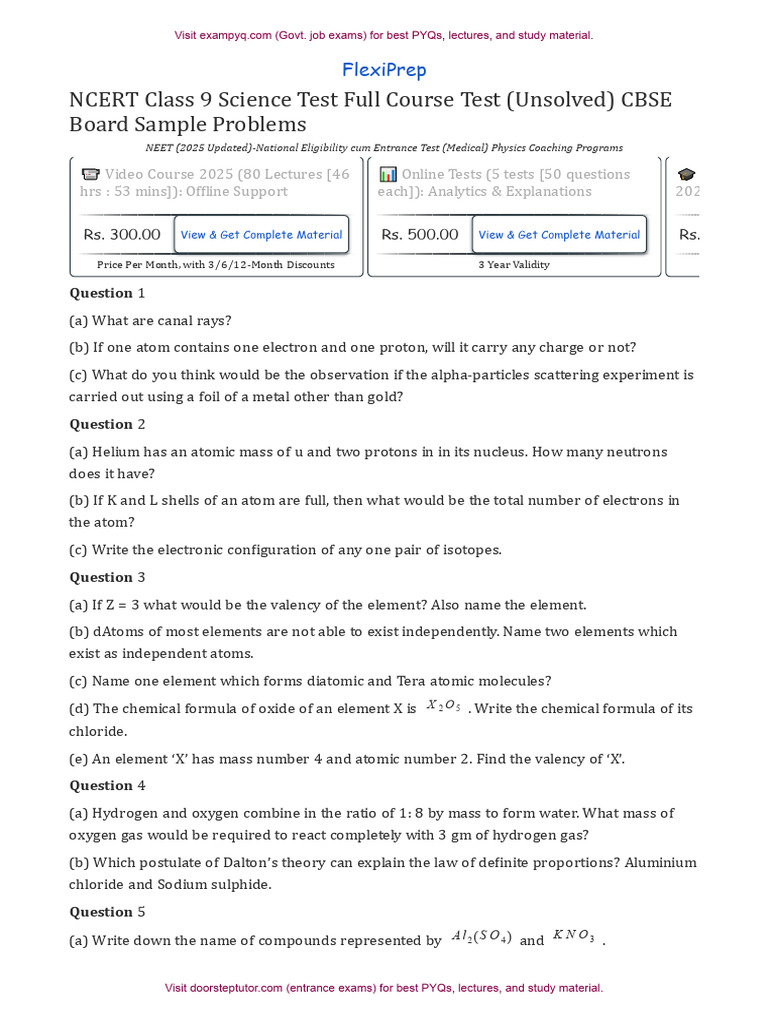 NCERT Class 9 Science Test Full Course Test CBSE Board Sample Problems ...