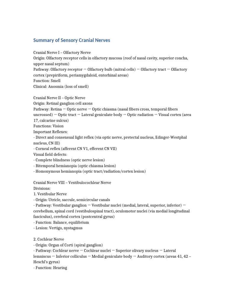 Sensory Cranial Nerves Summary | PDF