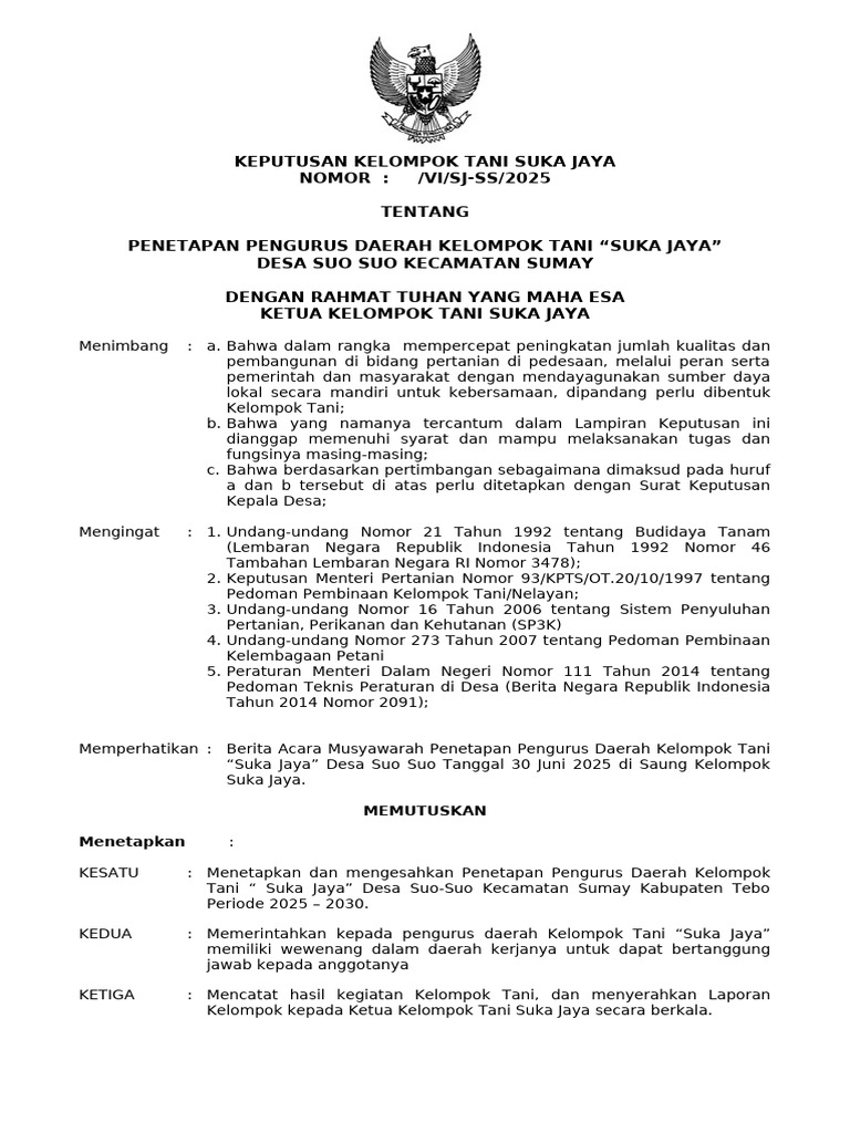 Penetapan Pengurus Tani Suka Jaya 2025 | PDF