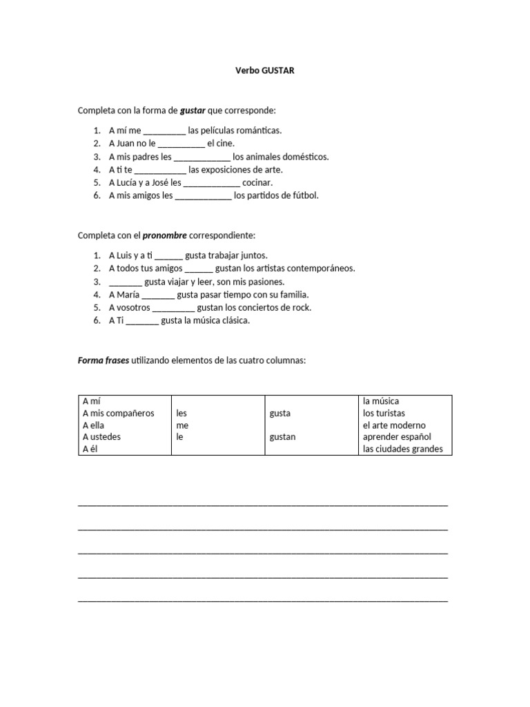 Ejercicios del Verbo GUSTAR en Español | PDF