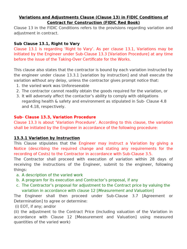 Variations Under Clause 13 of FIDIC | PDF