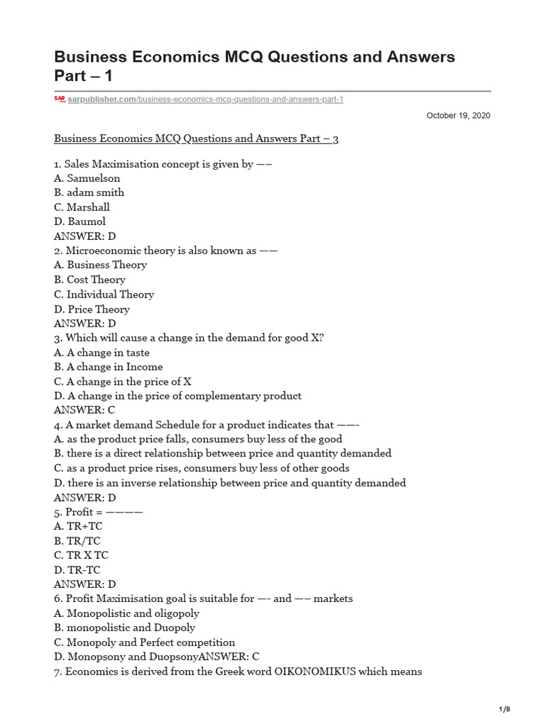 Business Economics MCQ Questions and Answers Part 1 | PDF | Demand ...