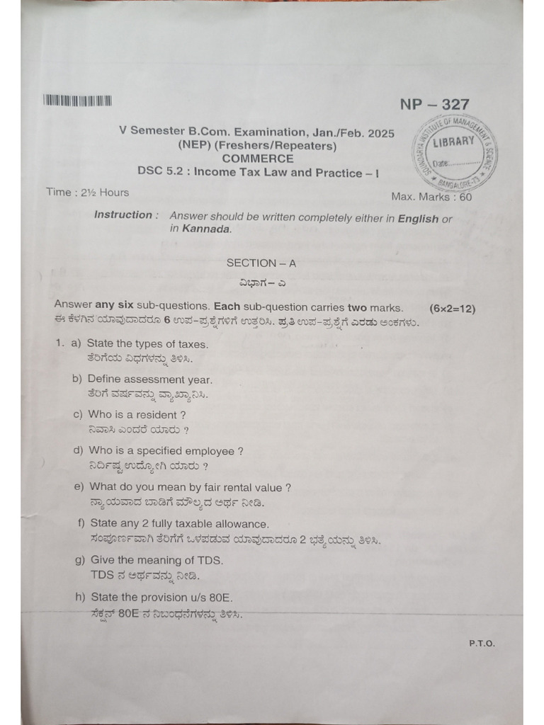 Income Tax 01 Question Paper 2025 | PDF