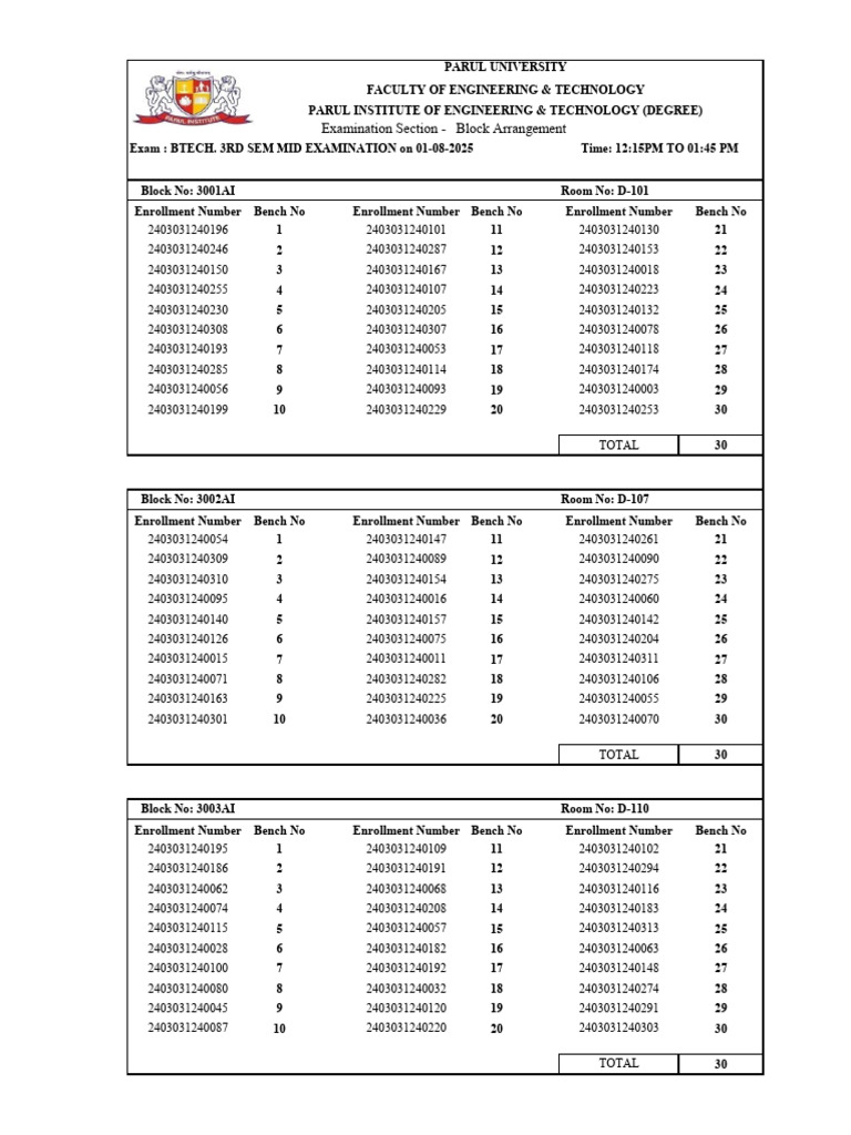 BTech 3rd Sem Mid Exam Block Arrangement | PDF