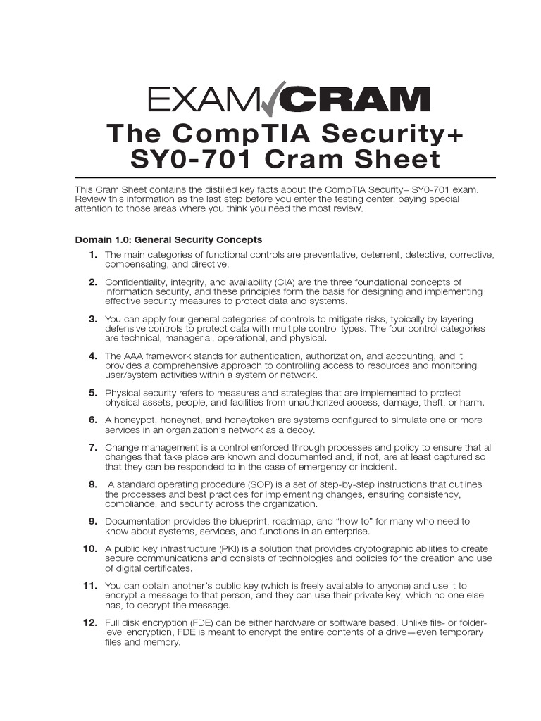 CompTIA Security+ SY0-701 Exam Cram Sheet | PDF | Key (Cryptography ...