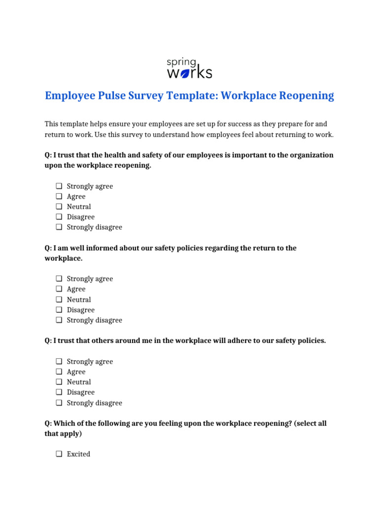 Employee Pulse Survey for Workplace Reopening | PDF