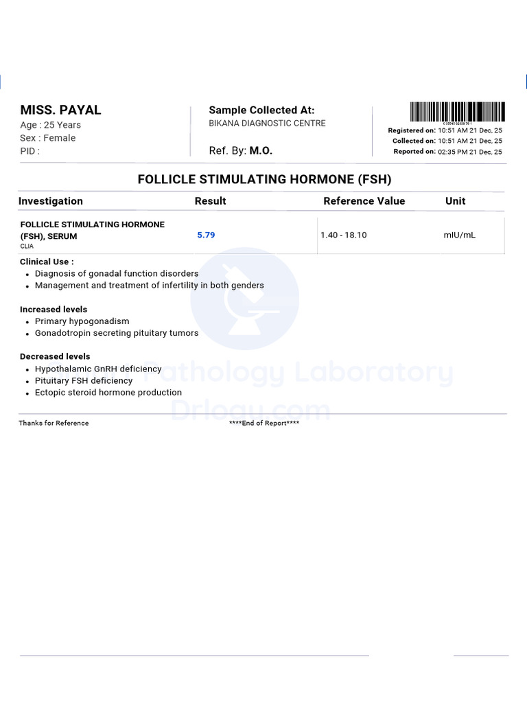 FSH Serum Test Report - Drlogy Lab | PDF