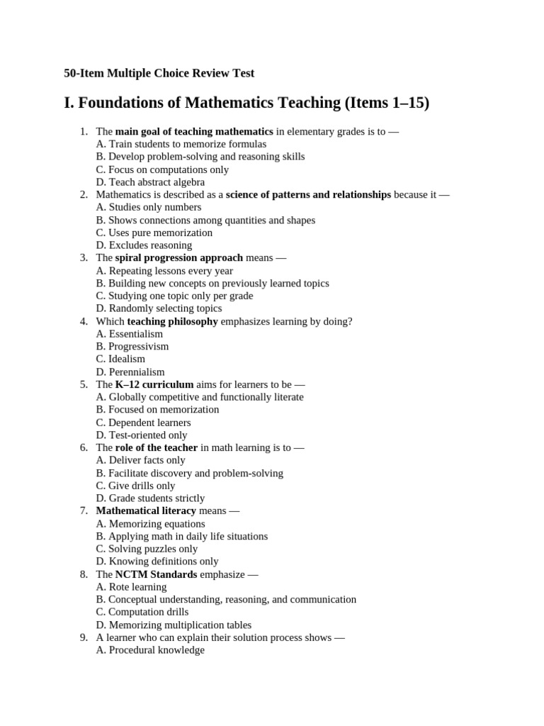 Math1b 50 Items Multiple Choice Test | PDF | Mathematics | Learning