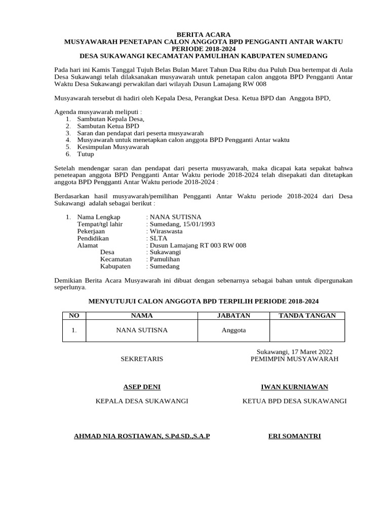 Penetapan Anggota BPD Sukawangi 2022 | PDF