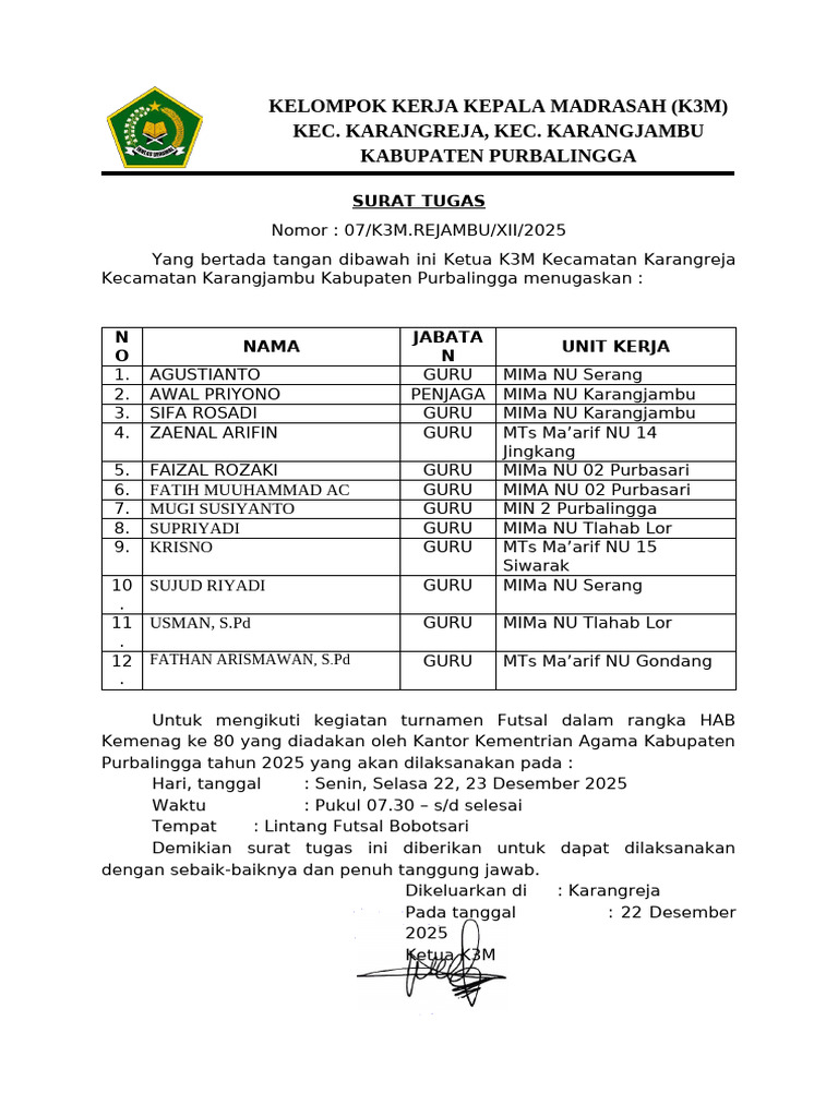 Surat Tugas Turnamen Futsal K3M 2025 | PDF