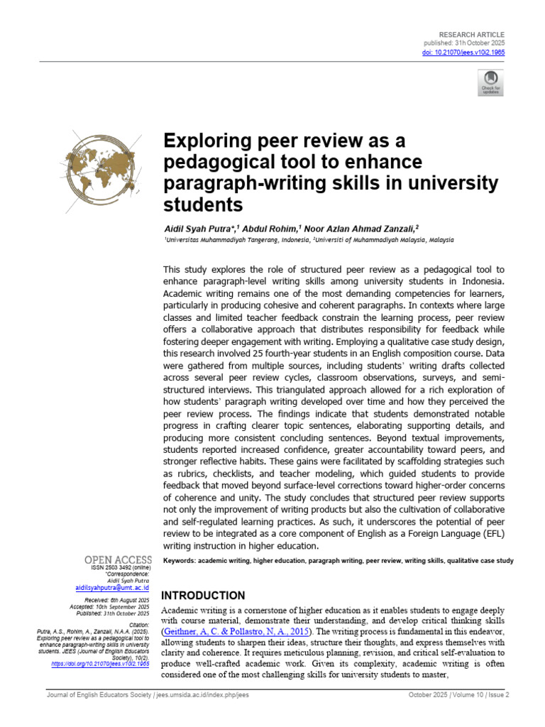 Enhancing Paragraph Writing via Peer Review | PDF | Peer Review | Pedagogy
