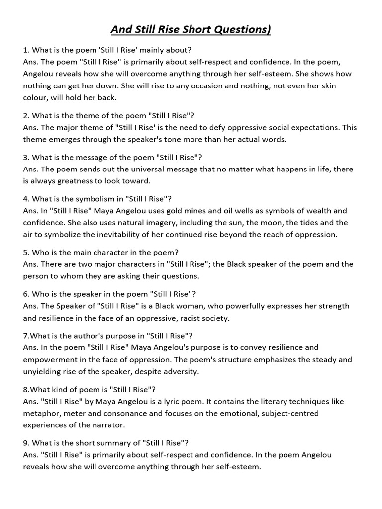 Analysis of Maya Angelou's "Still I Rise" | PDF | Poetry