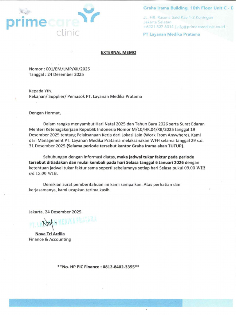 External Memo - Primecare Clinic | PDF
