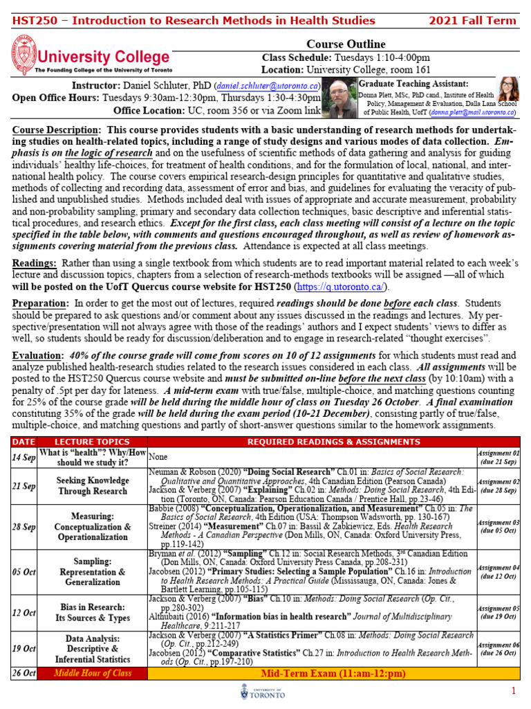 HST250 - Intro To Health Research Methods - Fall 2021 Course Outline ...