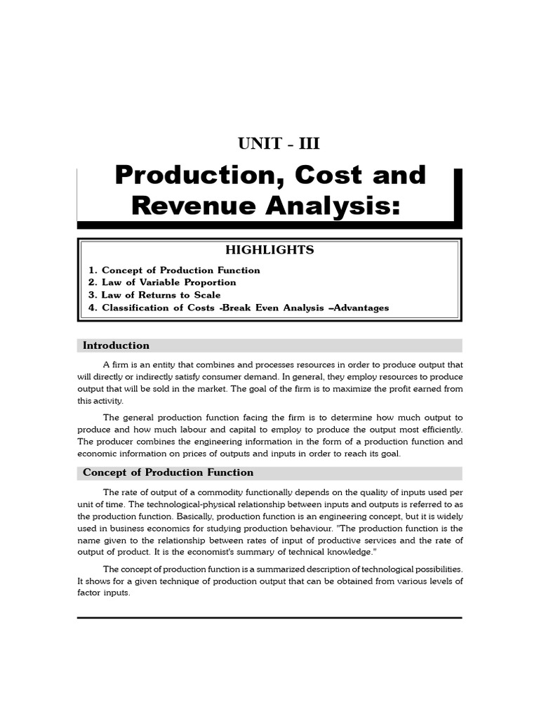 Unit-III Production and Cost | PDF | Production Function | Labour Economics