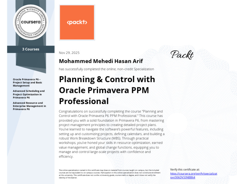 Oracle Primavera P6 Course Completion Certificate | PDF