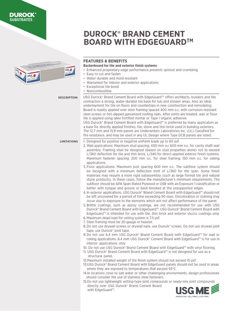 USG Durock Cement Board Features & Benefits | PDF | Framing ...