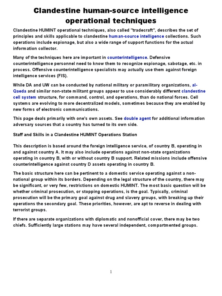 Clandestine Human Source Intelligence Operational Techniques | PDF ...