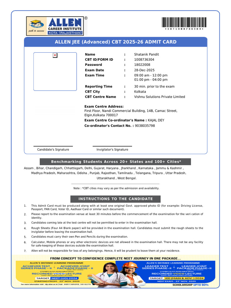 ALLEN JEE (Advanced) CBT 2025-26 ADMIT CARD | PDF