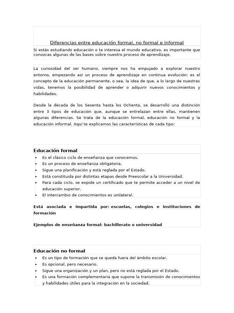 Diferencias Entre Educación Formal, No Formal e Informal | PDF ...