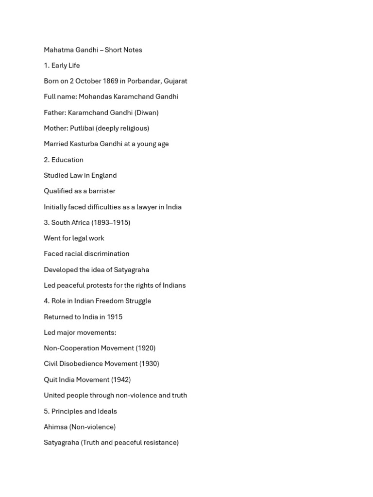 Mahatma Gandhi - Short Notes | PDF