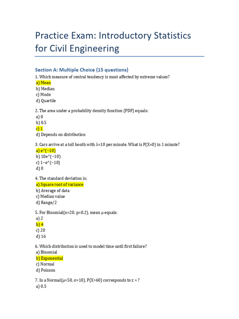 Civil Engineering Statistics Practice Exam | PDF | Normal Distribution ...