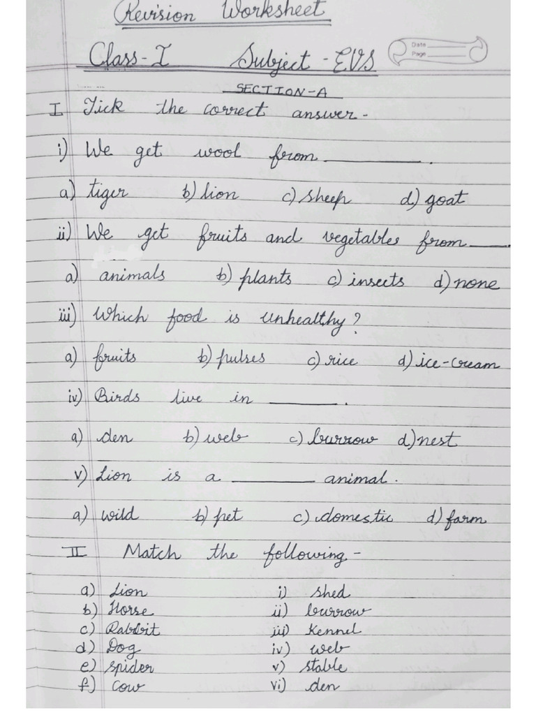 EVS Revision Worksheet 2 Class1 | PDF