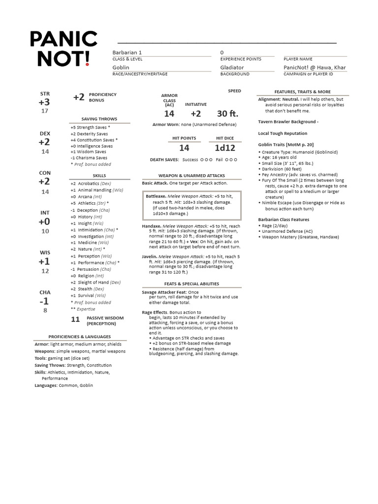Goblin Barbarian Character Sheet | PDF | Role Playing Games | Gaming