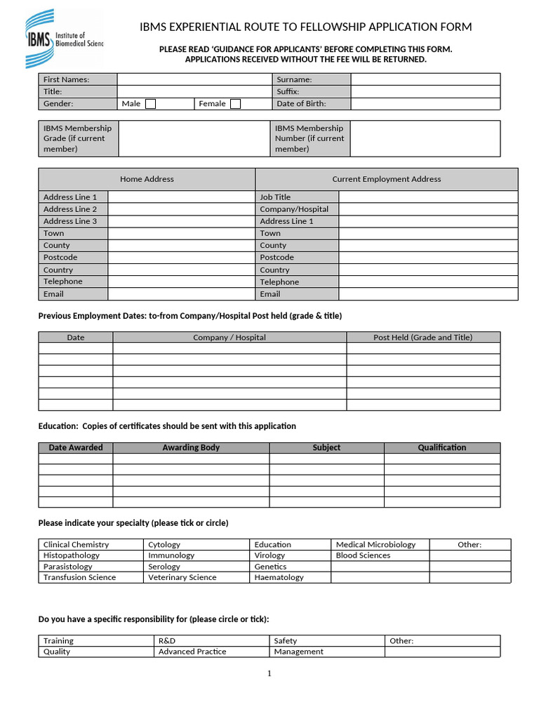 Ibms Experiential Route To Fellowship Application Form | PDF