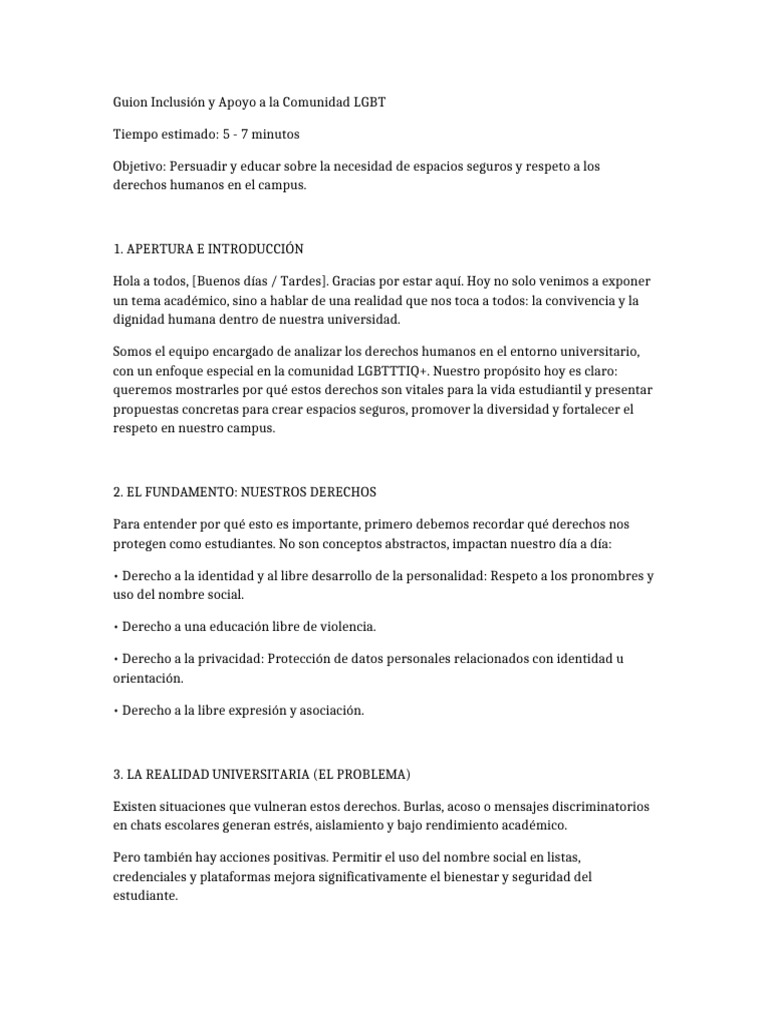 Guion Inclusion Apoyo LGBT | PDF | Inclusión (Educación) | Derechos humanos