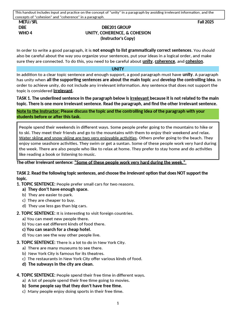 Unity, Coherence, and Cohesion in Writing | PDF | Cost Of Living | Fast ...